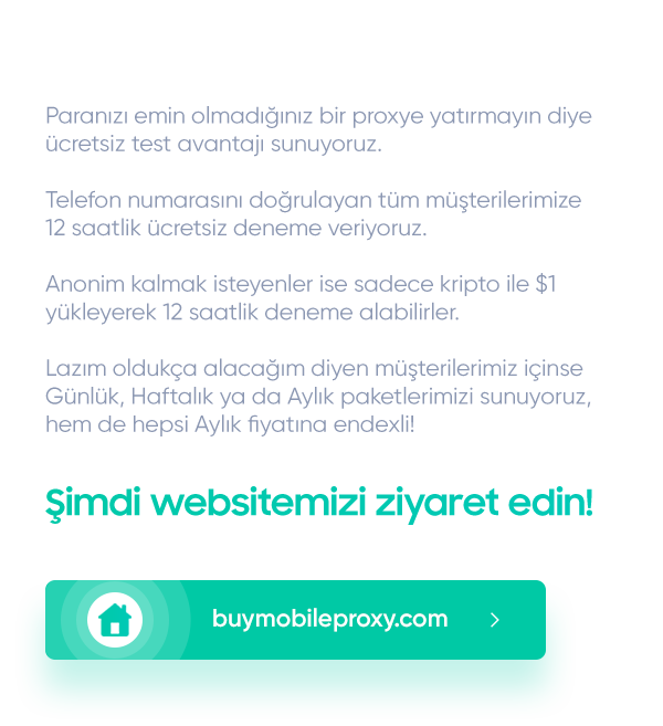 Mobil Proxy ⭐ API Reset ⭐ IP Izni & Kullanıcı Adı-Şifre ⭐ Anlık Deneme ⭐ Günlük-Haftalık-Aylık ...
