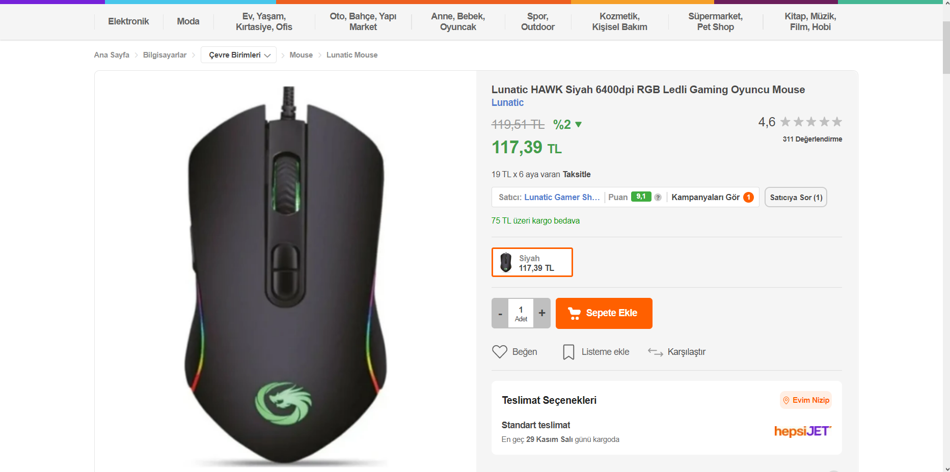 Uygun Fiyatlı Oyuncu Mause Arayanlara FIRSAT ! Lunatic HAWK Siyah RGB ...