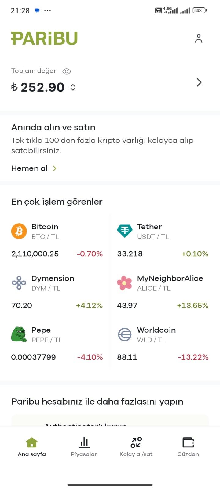 Paribu ile anında çekilebilir 250 TL | Basit KYC - R10.net