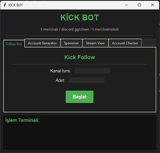 Kick Bot Programı Hesap Oluşturma, Takip Etme, İzleyici Botu, Chat Botu, Full Request Python ...