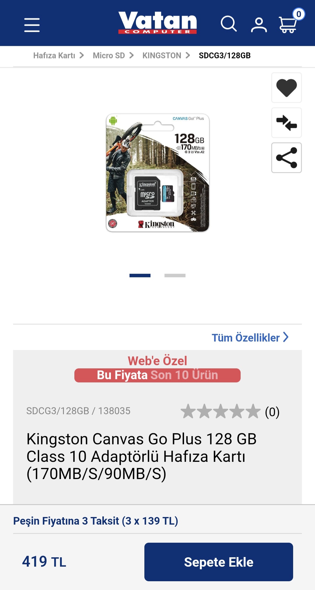 Kingston 128 GB Class 10 Adaptörlü Hafıza Kartı (170MB/S/90MB/S) 419 TL - R10.net